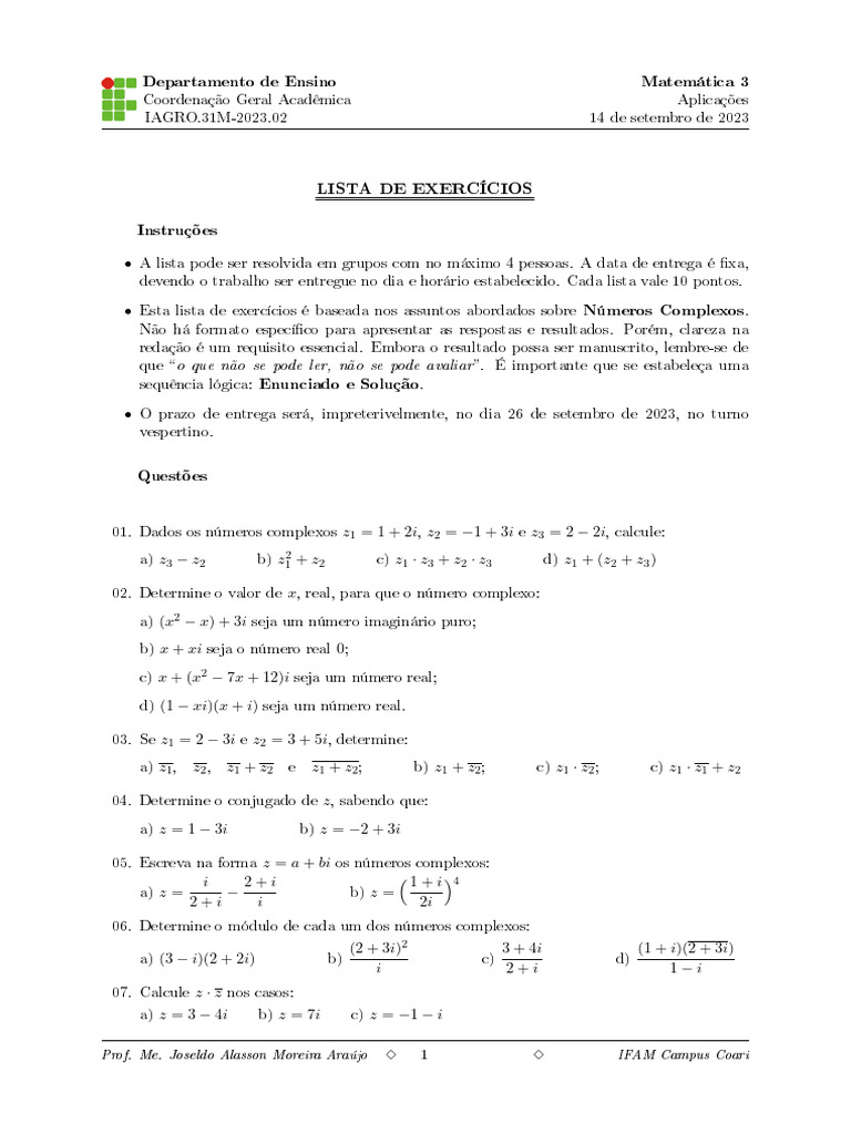 Lista de Exercícios Números Complexos | PDF | Métodos e Materiais de Ensino