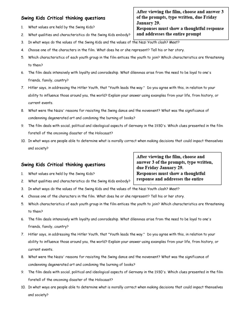 3 Swing Kids - Critical Thinking Questions | PDF