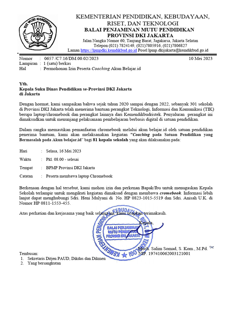 Surat Permohonan Izin Peserta Coaching | PDF