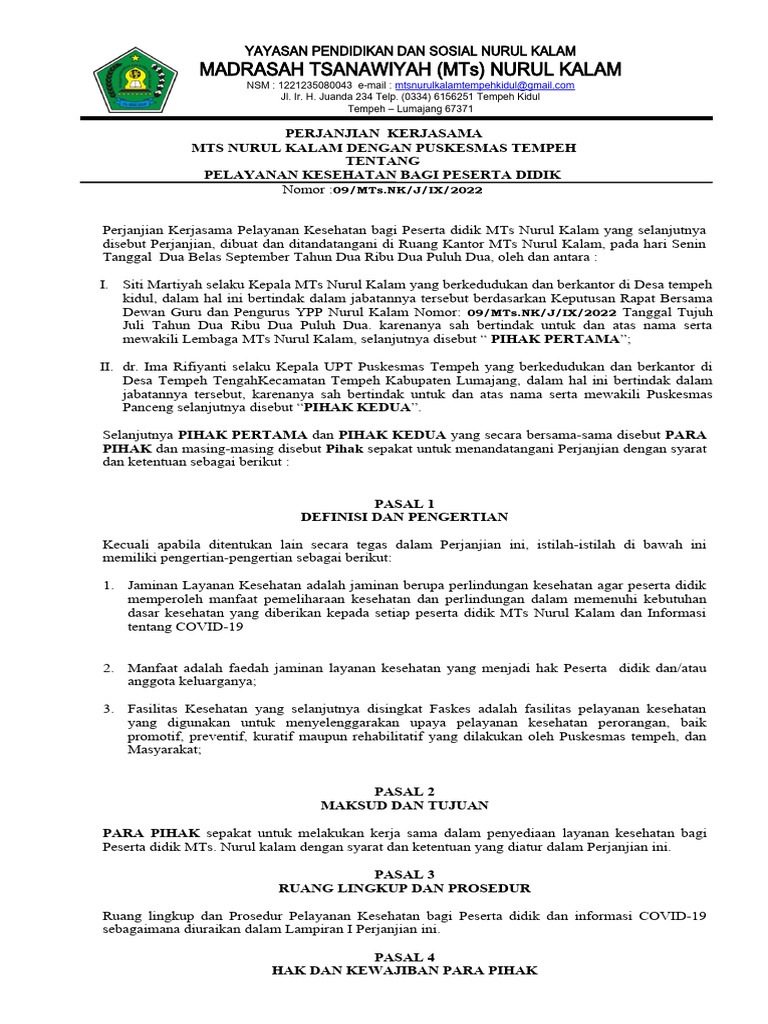 Mou MTS Dengan Puskesmas Tempeh | PDF | Hukum