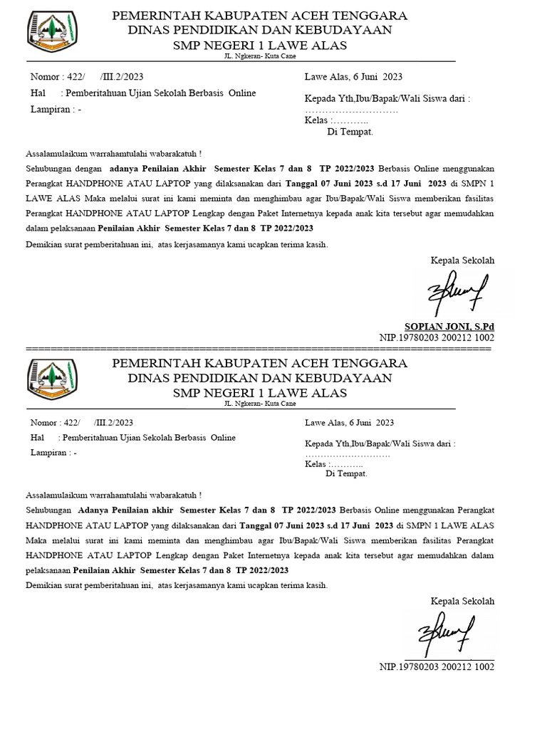 Pemberitahuan Ujian Online SMPN 1 Lawe Alas | PDF