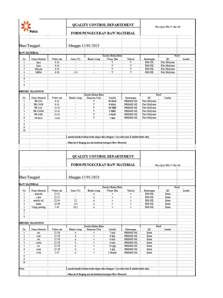 Form Pengecekan Bahan Baku 15/01/23 | PDF