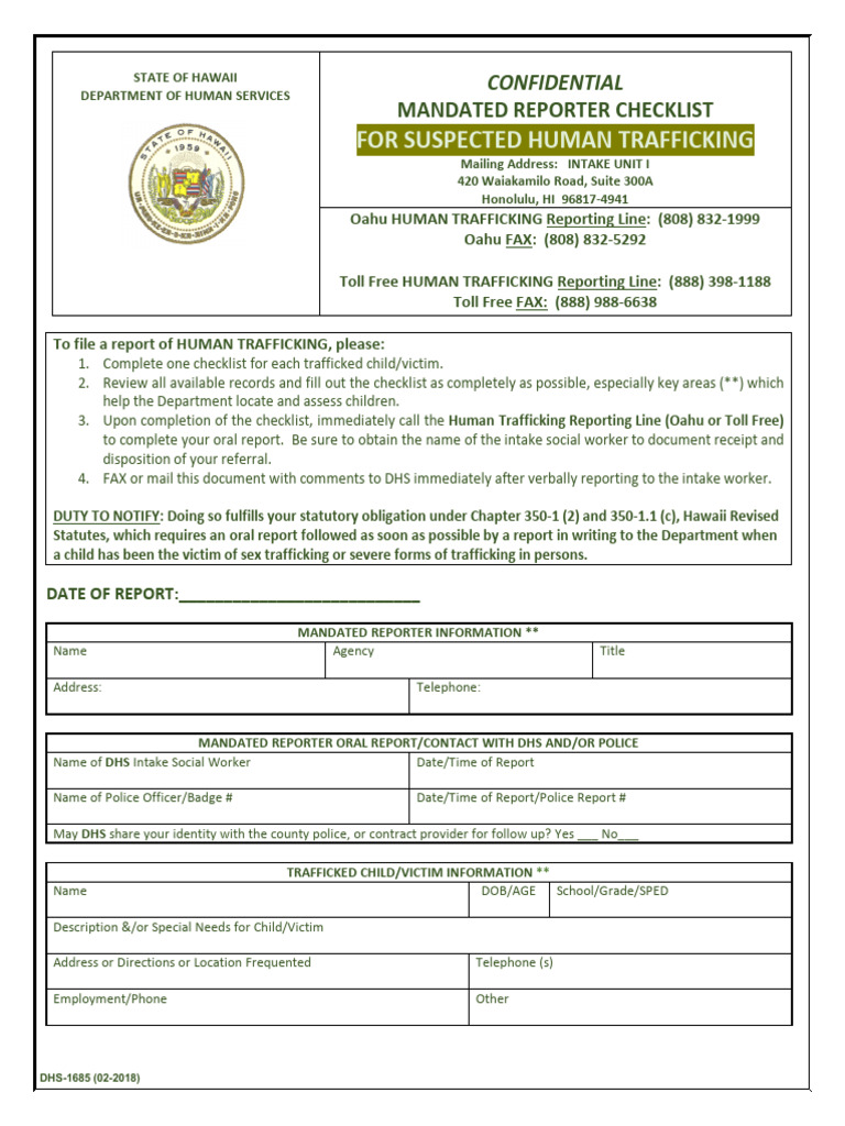 Mandated Reporter Checklist For Suspected Human Trafficking | PDF ...