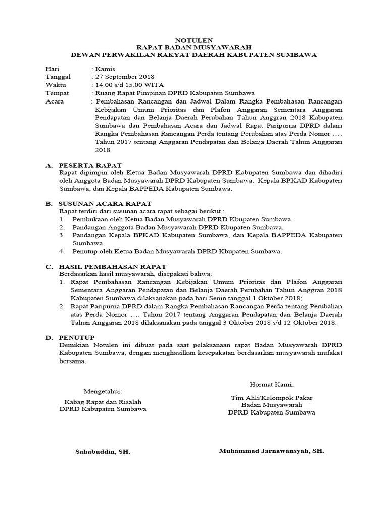NOTULEN Pembahasan Rancangan Dan Jadwal DLM Rangka Pembahasan KUPA PPAS THN Anggaran 2018 | PDF ...