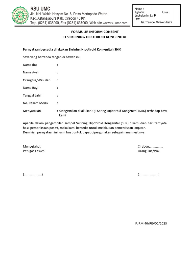 Formulir Inform Consent Tes Skrining Hipotiroid Kongenital | PDF
