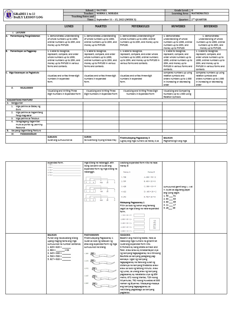 DLL Mathematics 1 q1 w3 | PDF | Mathematics