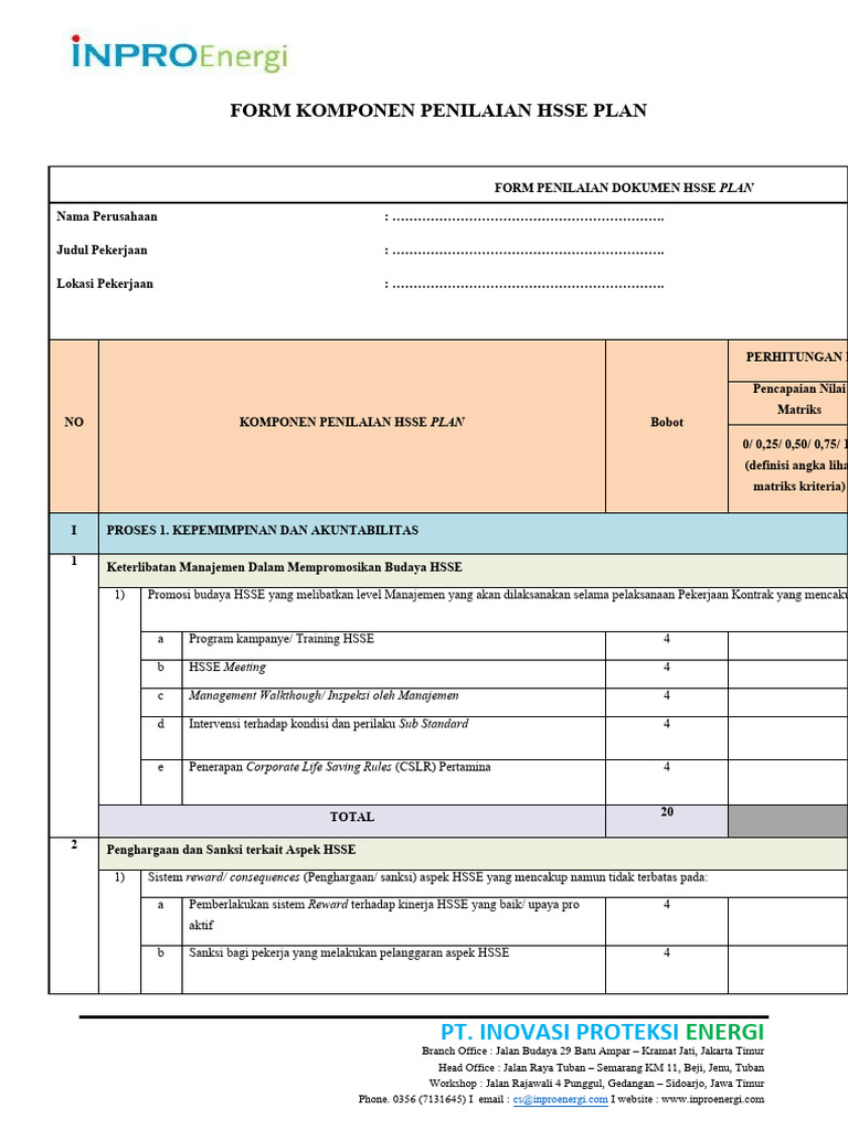 Form Komponen Penilaian Hsse Plan | PDF