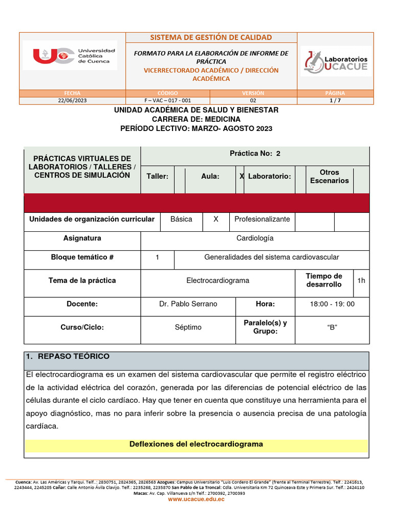 Informe 2 Electrocardiograma | PDF | Electrocardiografia | Sistema ...