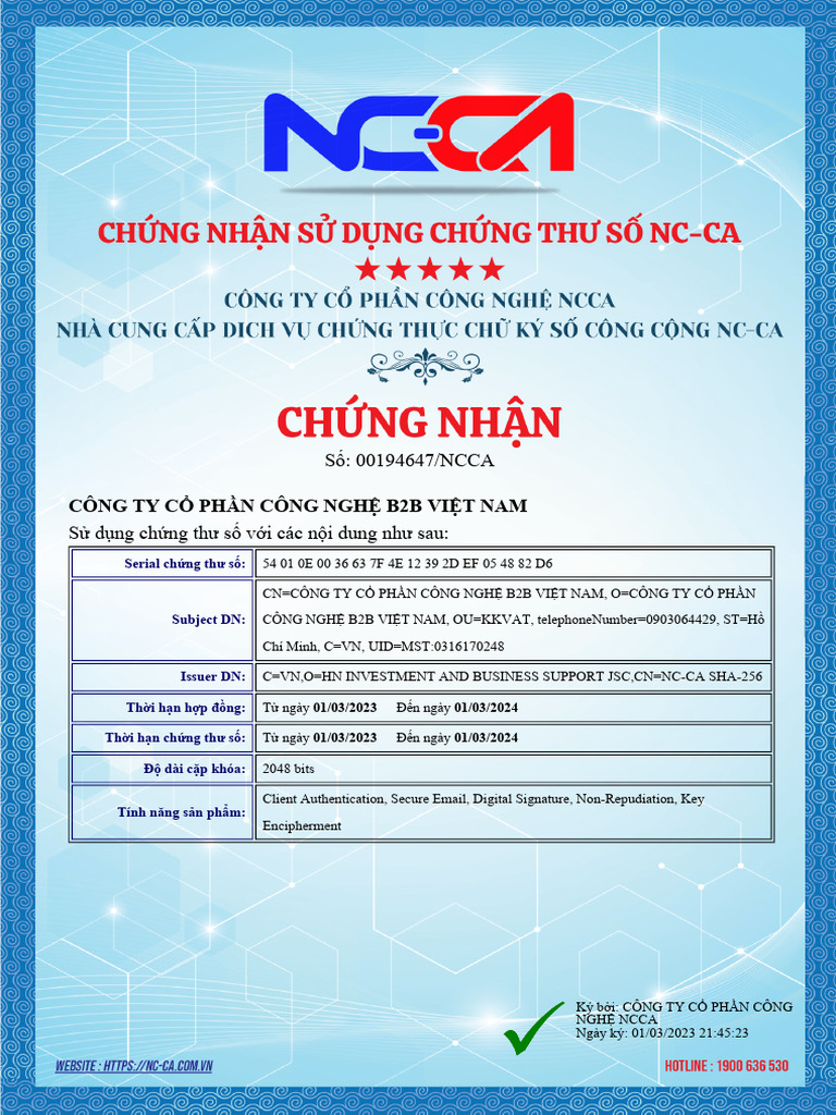 Số: 00194647/NCCA: Công Ty Cổ Phần Công Nghệ B2B Việt Nam | PDF