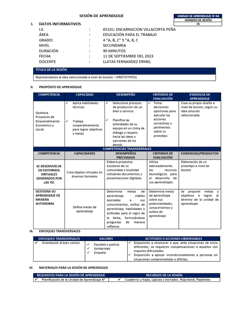 Sesión de Aprendizaje Ept 11 | PDF | Aprendizaje | Iniciativa empresarial