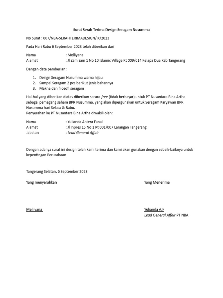 Surat Serah Terima Design Seragam Nusumma | PDF