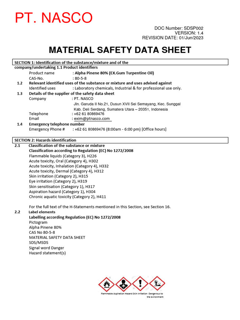 MSDS Turpentine | PDF | Toxicity | Environmental Science