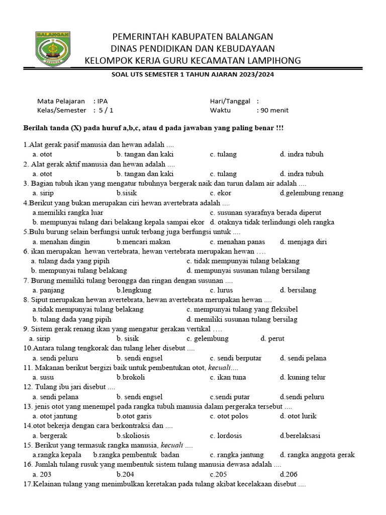 Soal Uts Ipa Kelas 5 Sem.1 | PDF