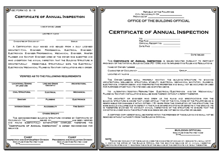 Annual Building Inspection Certificate | PDF | Engineer | Plumbing