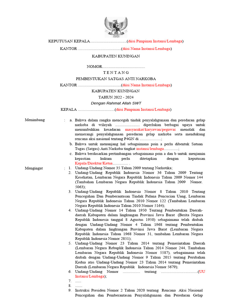 Contoh SK Satgas Narkoba | PDF | Pengelolaan Keuangan & Uang