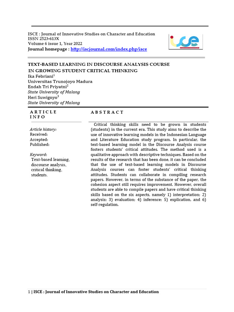 Journal Homepage: Text-Based Learning in Discourse Analysis Course in Growing Student Critical ...