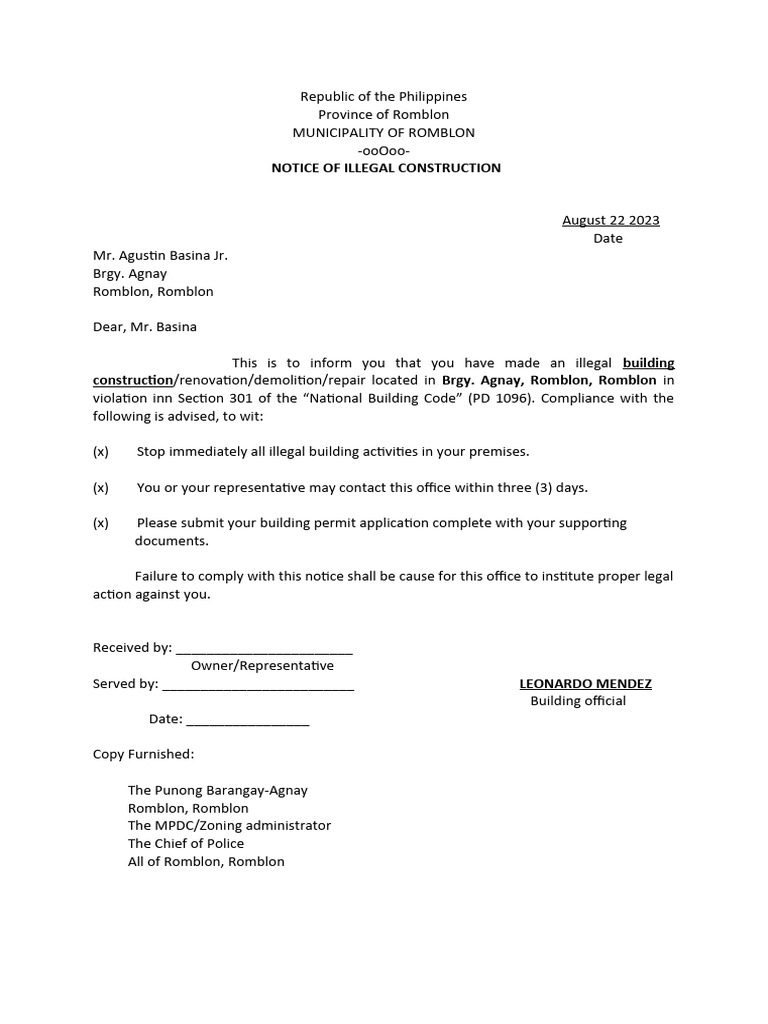OBO Notice of Illegal Construction | PDF