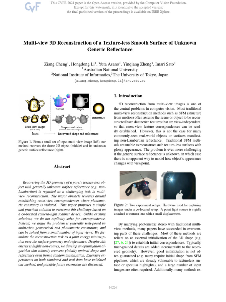 Cheng Multi-View 3D Reconstruction of A Texture-Less Smooth Surface of Unknown CVPR 2021 Paper | PDF
