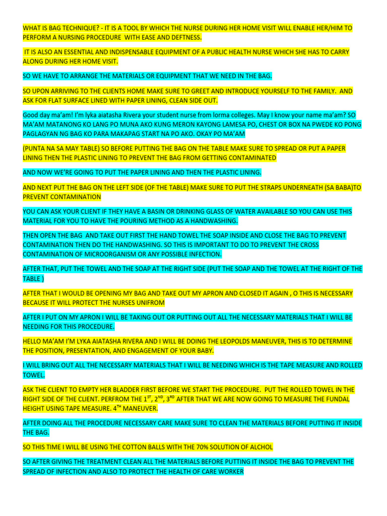 Bag Technique Script | PDF | Hand Washing