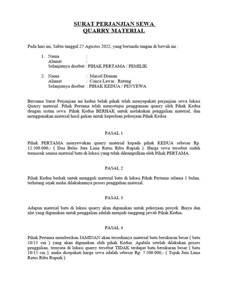 Surat Perjanjian SEWA Lahan | PDF