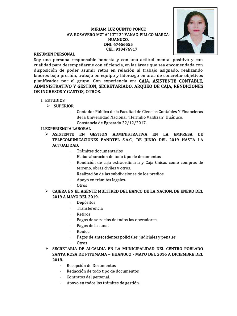 Cv. Miriam Quinto Ponce | PDF | Servicios financieros | Negocios económicos