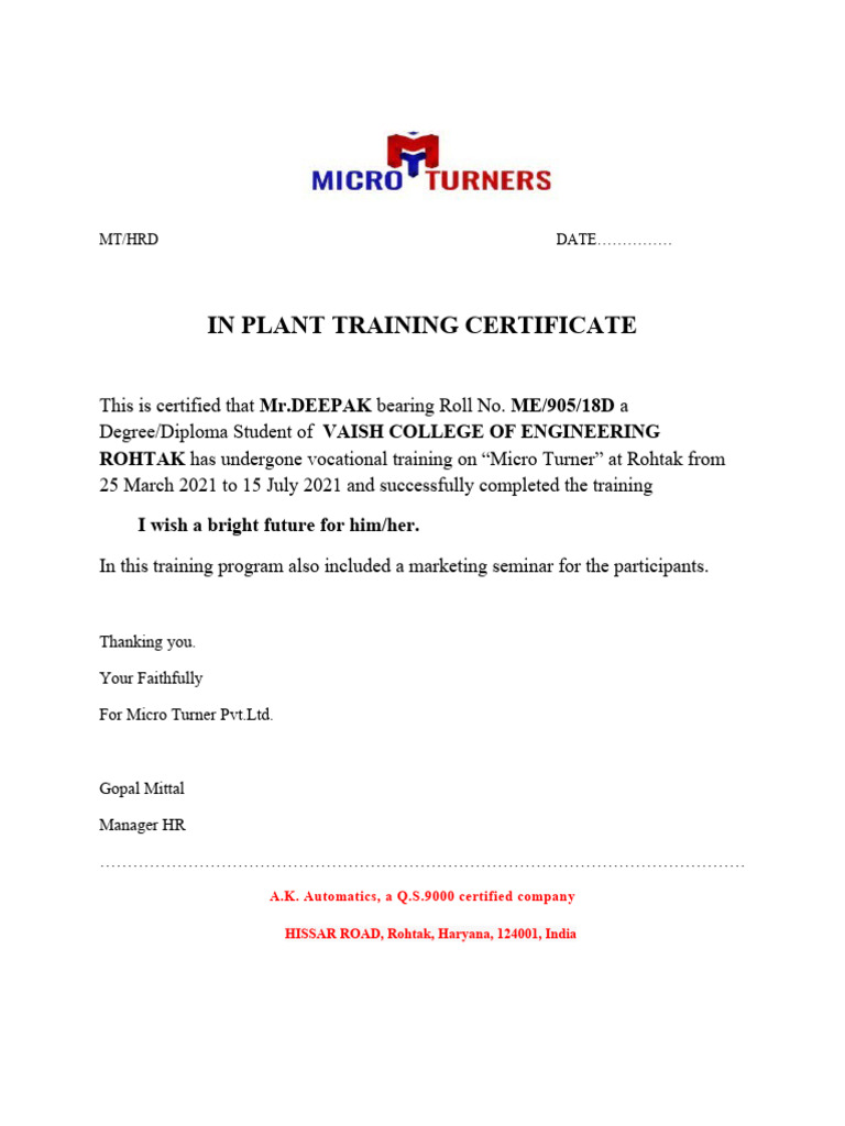 Micro Turner Certificate. | PDF