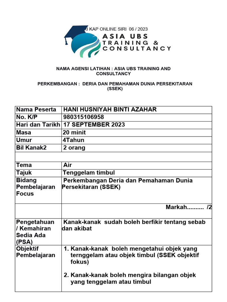 Contoh RPA RPA (SSEK) - Air (Hani Husniyah) | PDF