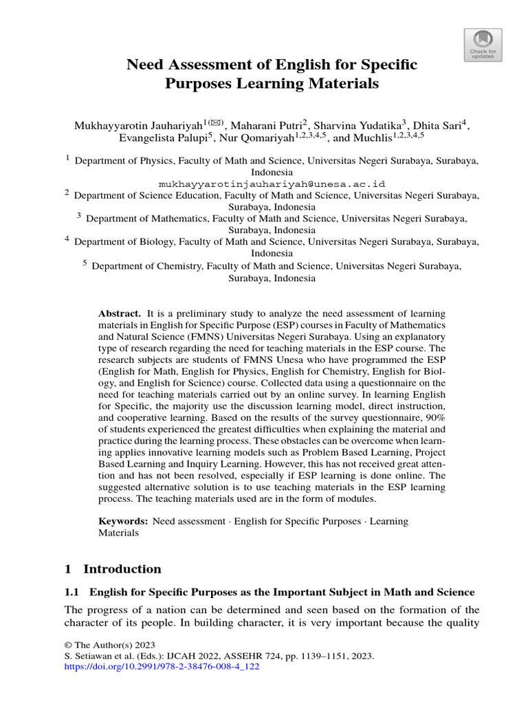 Need Assessment of English For Specific Purposes Learning Materials ...