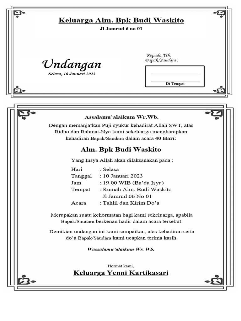 Undangan Tahlil 40 Hari Alm. Bpk Budi | PDF