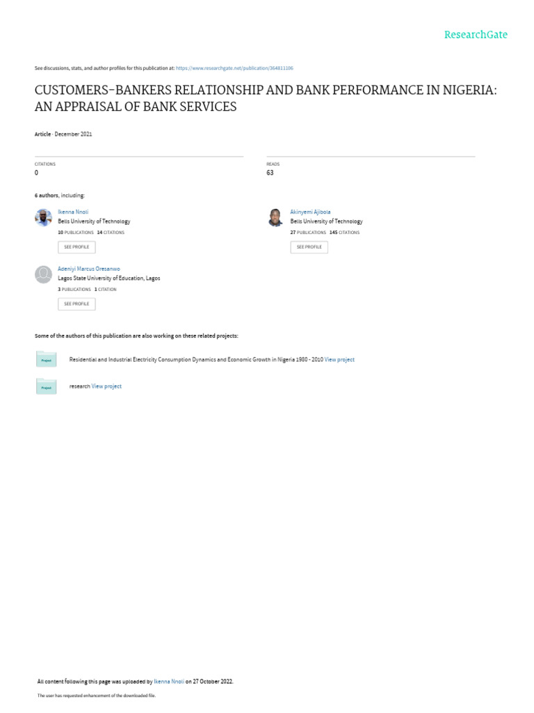 Customers-Bankers Relationship and Bank Performance in Nigeria: An ...