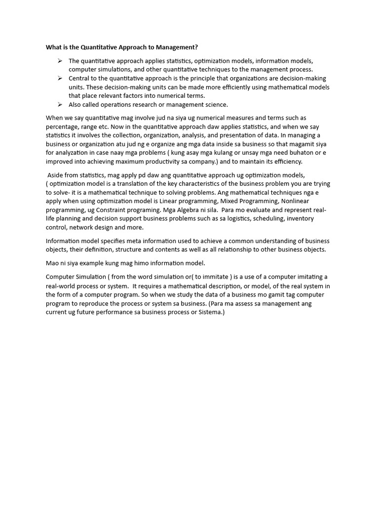 What Is The Quantitative Approach To Management | PDF