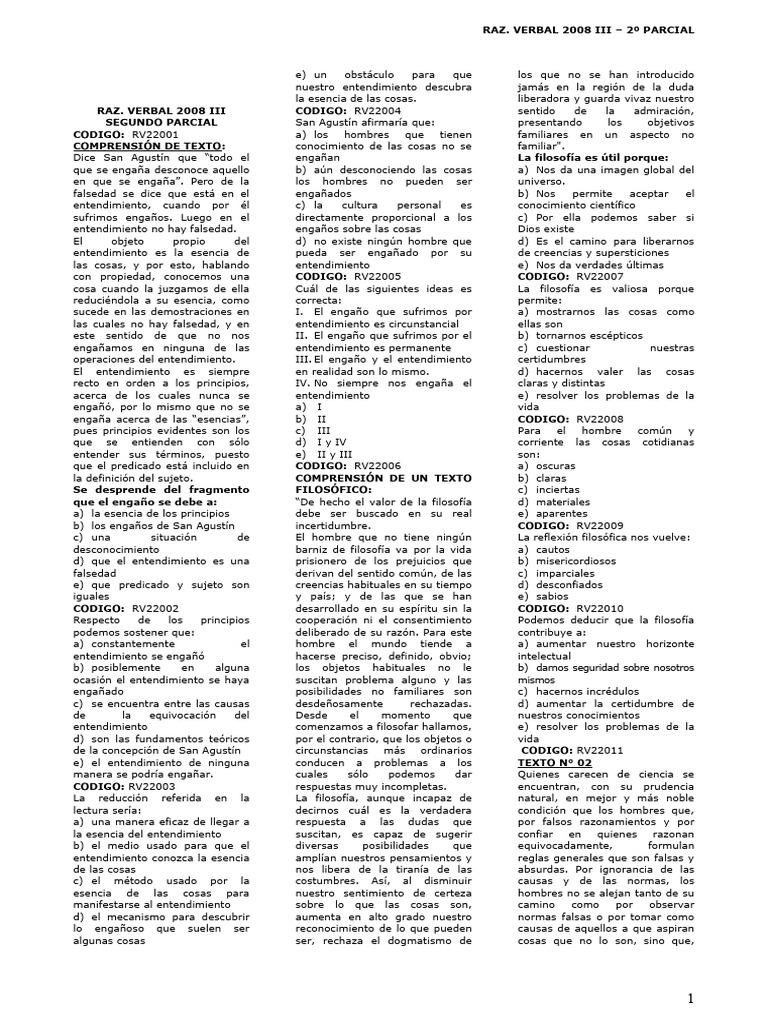 Raz. Verbal 2008-III Segundo Parcial | PDF | Esencia | Agustín De ...