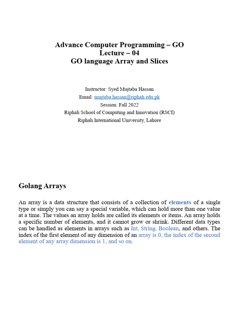 ACP Lecture 04 - Array and Slices | PDF | String (Computer Science) | Mathematical Logic