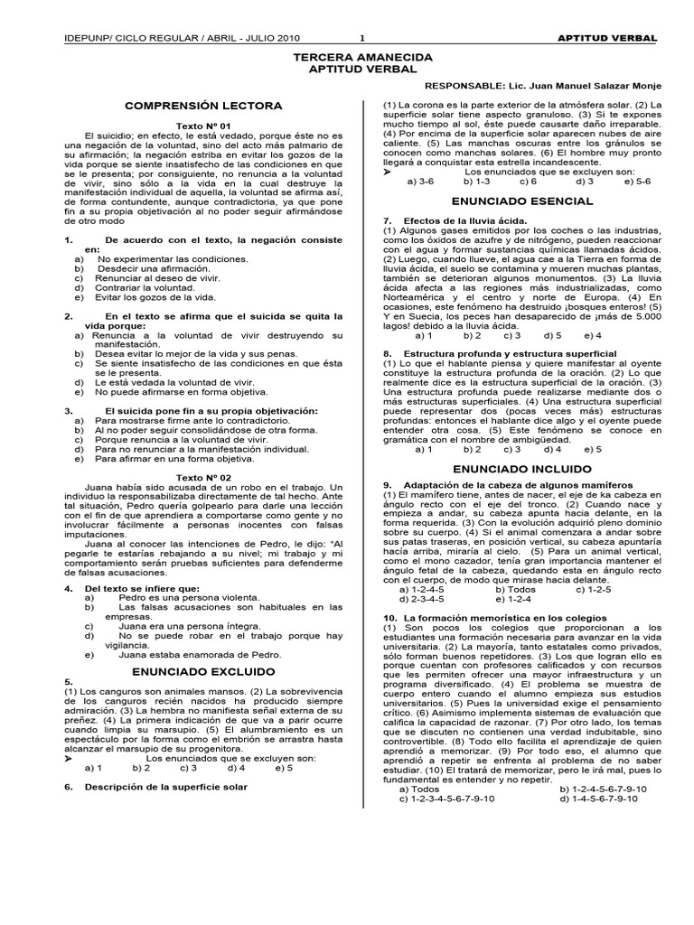 Evaluación de Aptitud Verbal IDEPUNP 2010 | PDF | Calabozo | Papa
