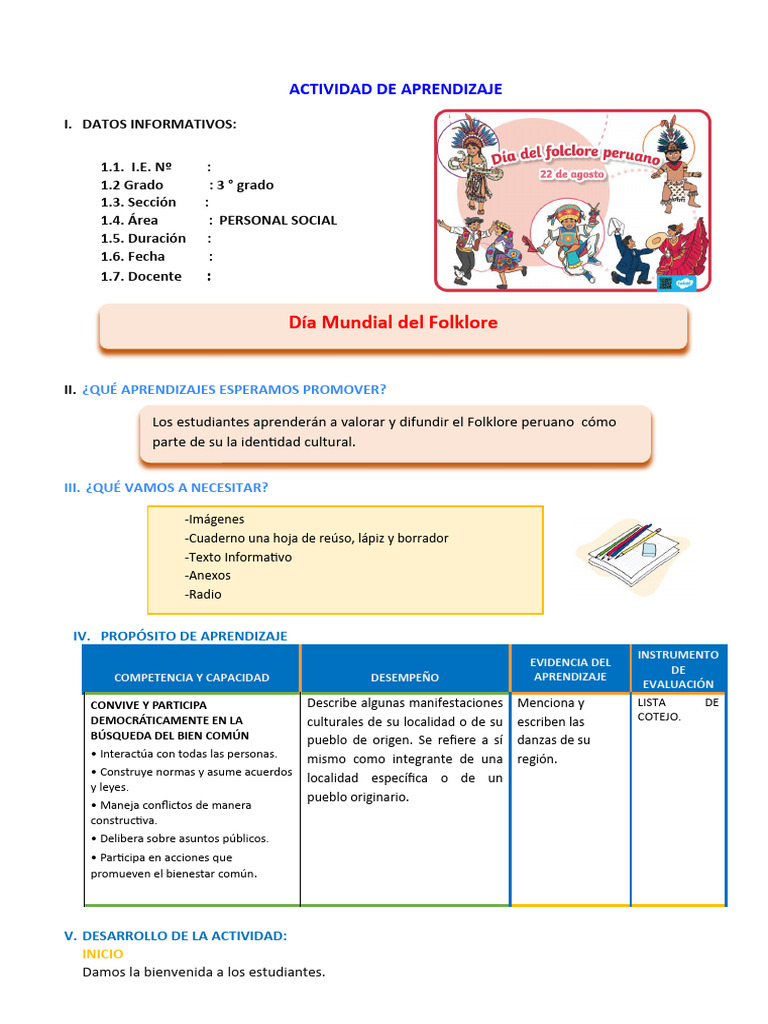 D1 A2 SESION PS. Día Mundial Del Folklore | PDF | Folklore | Evaluación
