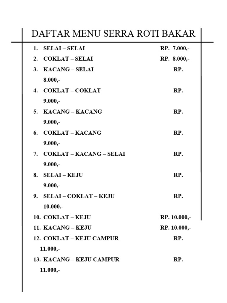 Daftar Menu Roti Bakar Serra | PDF | Memasak, Makanan, & Anggur