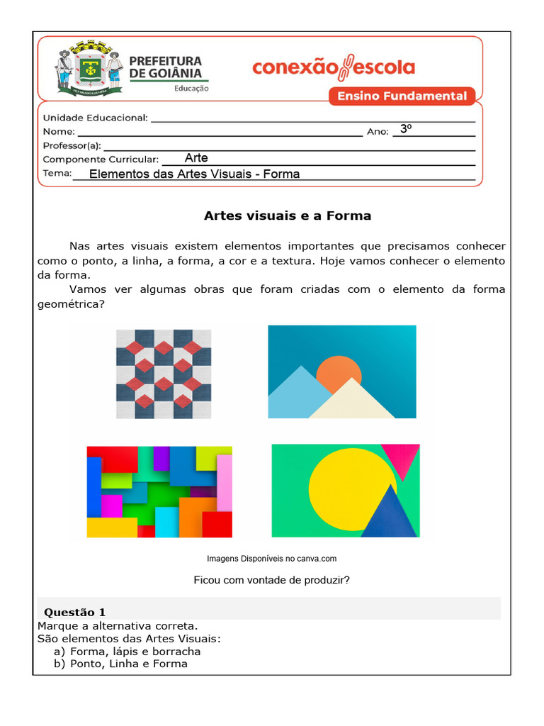 Atividade 01 - Forma - Arte - 3º ano | PDF | Geometria | Desenho