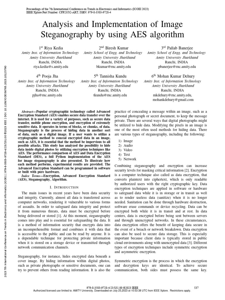 AUJ Analysis and Implementation of Image Steganography by Using AES Algorithm | PDF