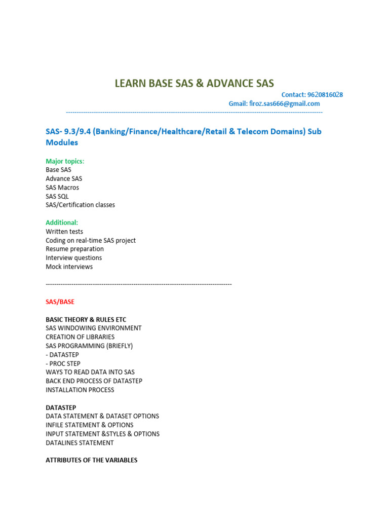Base Sas & Advance Sas Course Content | PDF | Sas (Software) | Sql