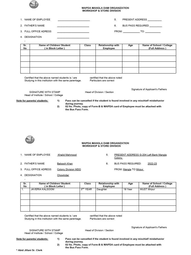 WAPDA Employee Bus Pass Form | PDF