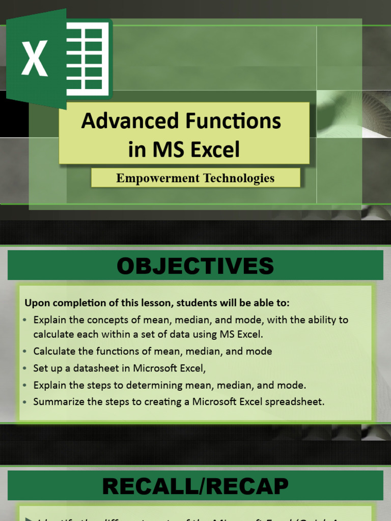 Advanced Functions in MS Excel (Mean-Median-Mode) - CLEANED | PDF | Microsoft Excel | Mean