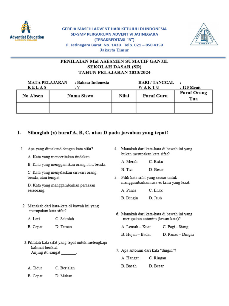 Contoh Soal ATS Bahasa Indonesia Kelas 5 | PDF