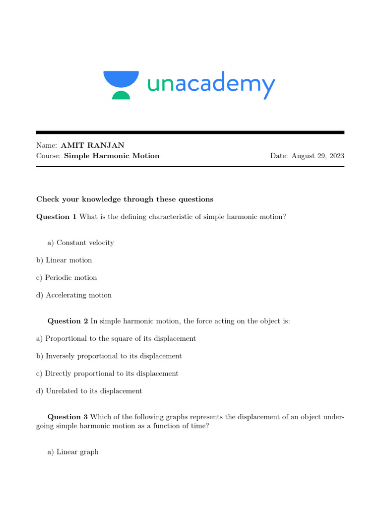 Simple Harmonic Motion Quiz Questions | PDF | Oscillation | Spacetime