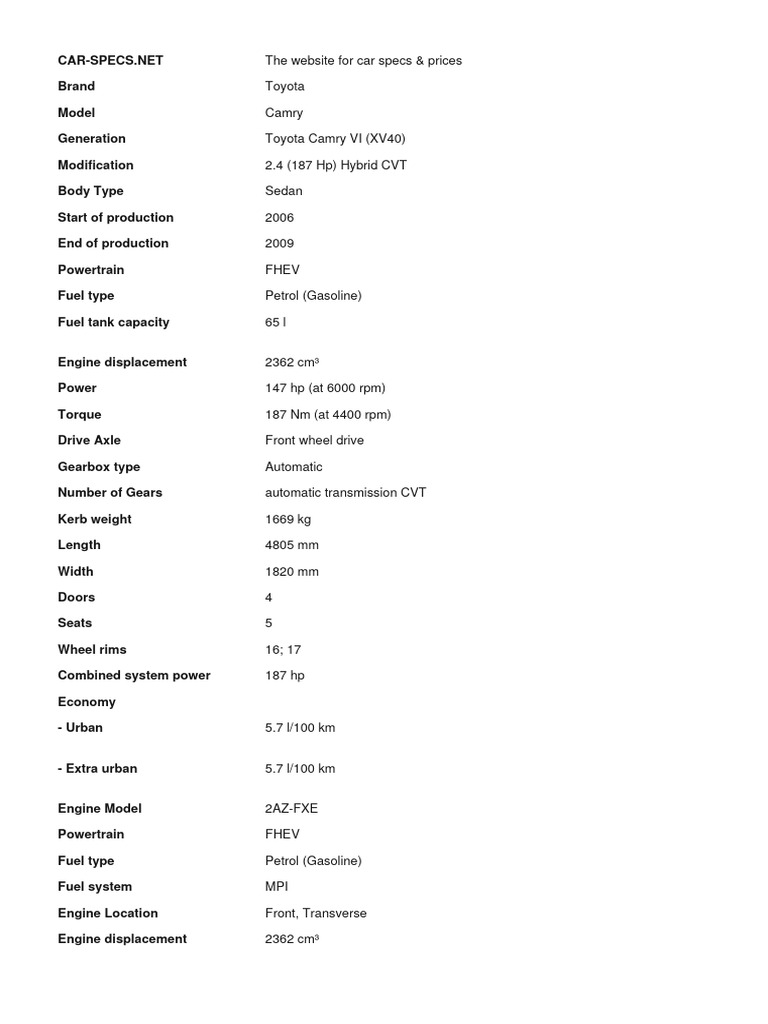 Toyota Camry XV40 Hybrid Specs | PDF | Horsepower | Car