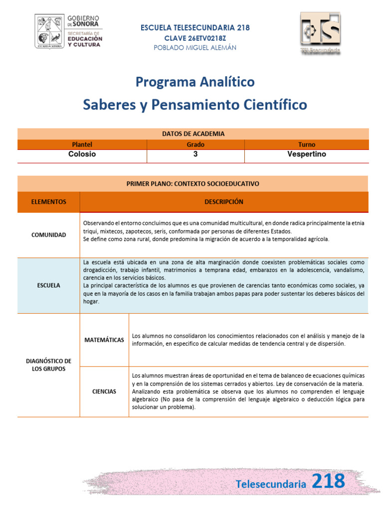 TV218 Programa Analítico Saberes y Pensamiento Científico 222 | PDF | Aprendizaje | Alimentos