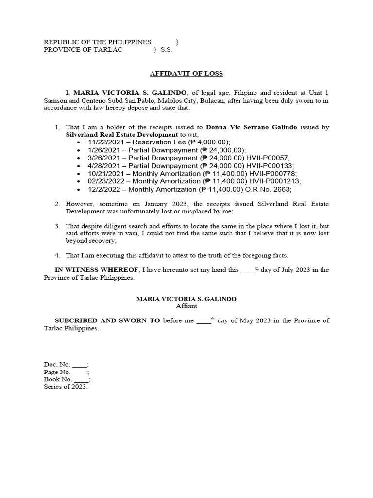 Affidavit of Loss Receipts - Galindo | PDF | Affidavit | Document