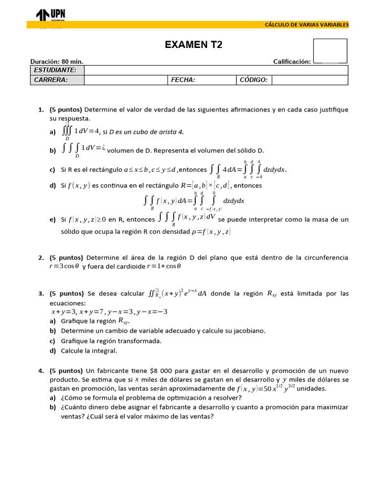 Examen T2 2023 - 1 - M8 | PDF | Integral | Conceptos matemáticos