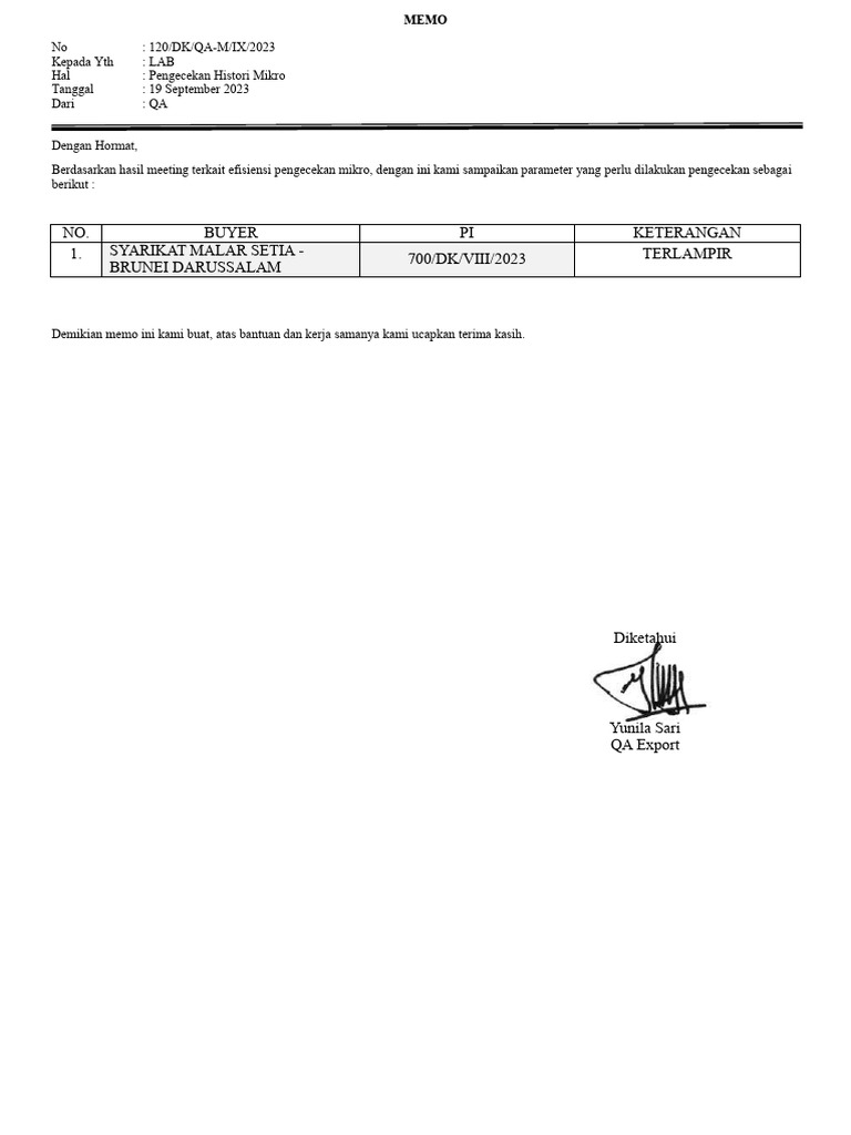 Memo Pengecekan Syarekat Malar Pi 700 | PDF