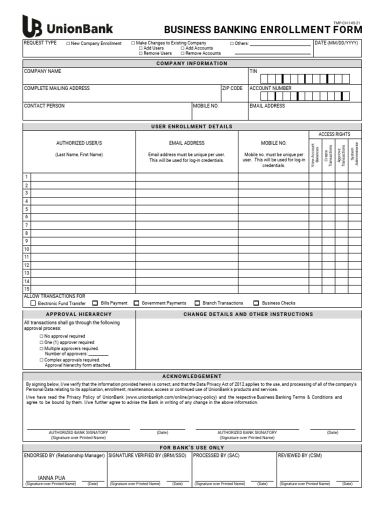 UB Business Banking Enrollment Form | PDF | Cheque | Banks