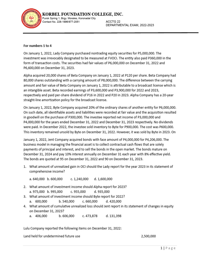 ACCTG 22 Departmental | PDF | Stocks | Investing